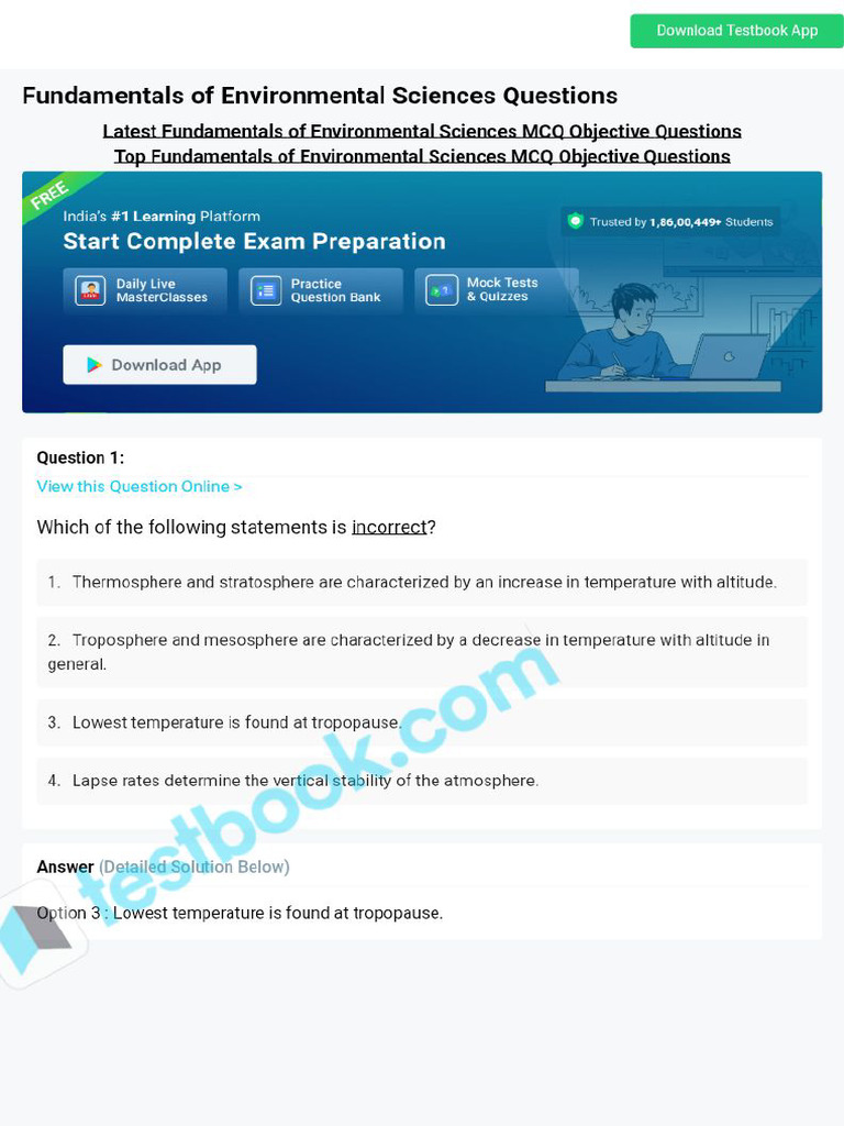 MCQ On Fundamentals of Environmental Sciences 639abe20473d4569758c2a87 | PDF