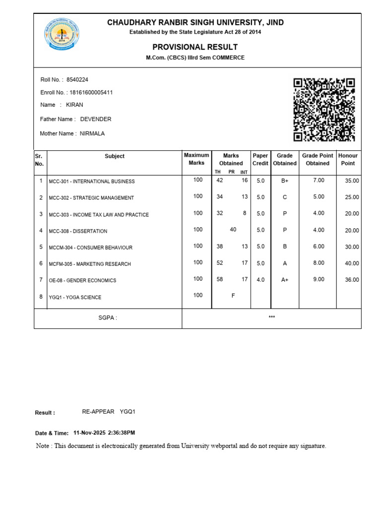 M.Com III Sem Provisional Result 2025 | PDF