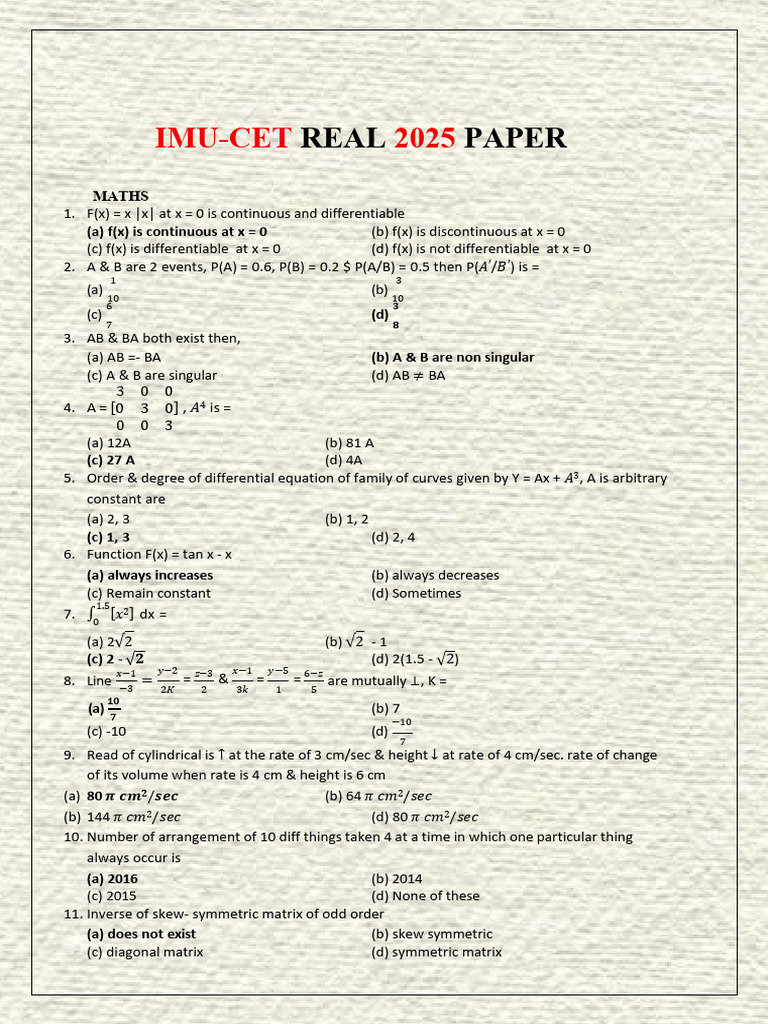Imu-Cet 2025 Real Paper PDF | PDF | Momentum | Angular Momentum