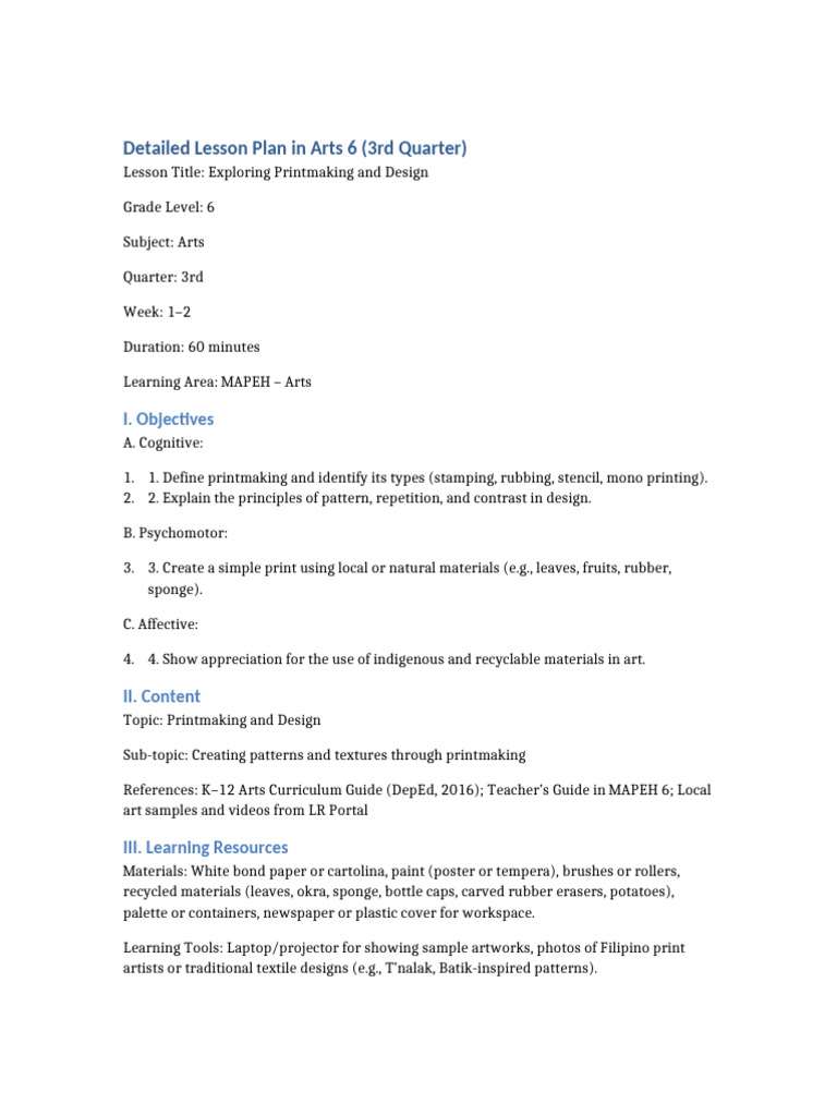 Detailed Lesson Plan Arts6 Printmaking and Design-1 | PDF | Printmaking ...