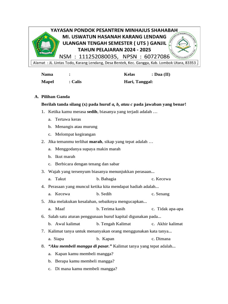 Soal Calis Kelas 2: Pancasila dan Emosi | PDF