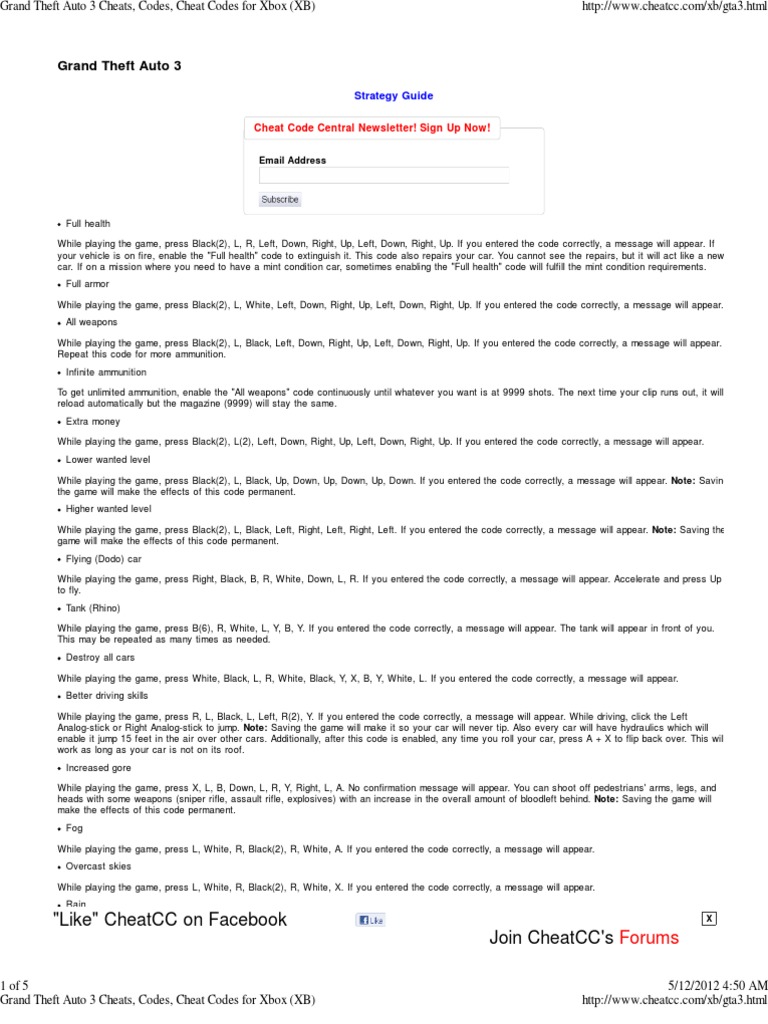 Grand Theft Auto 3 Cheats, Codes, Cheat Codes For Xbox (XB) | Cheating ...