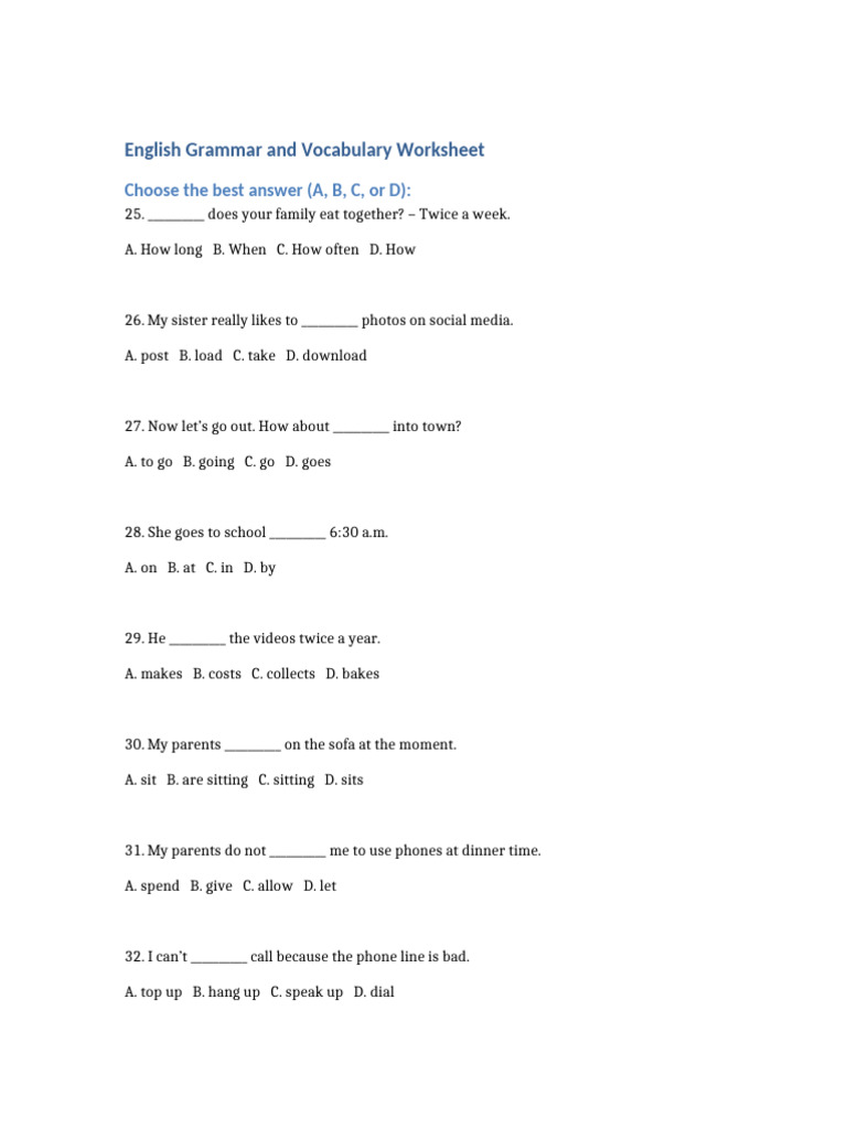 English Grammar Vocabulary Worksheet | PDF