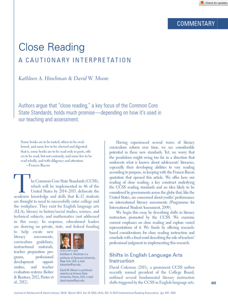J Adolescent Adult Lit - 2013 - Hinchman - Close Reading a Cautionary ...