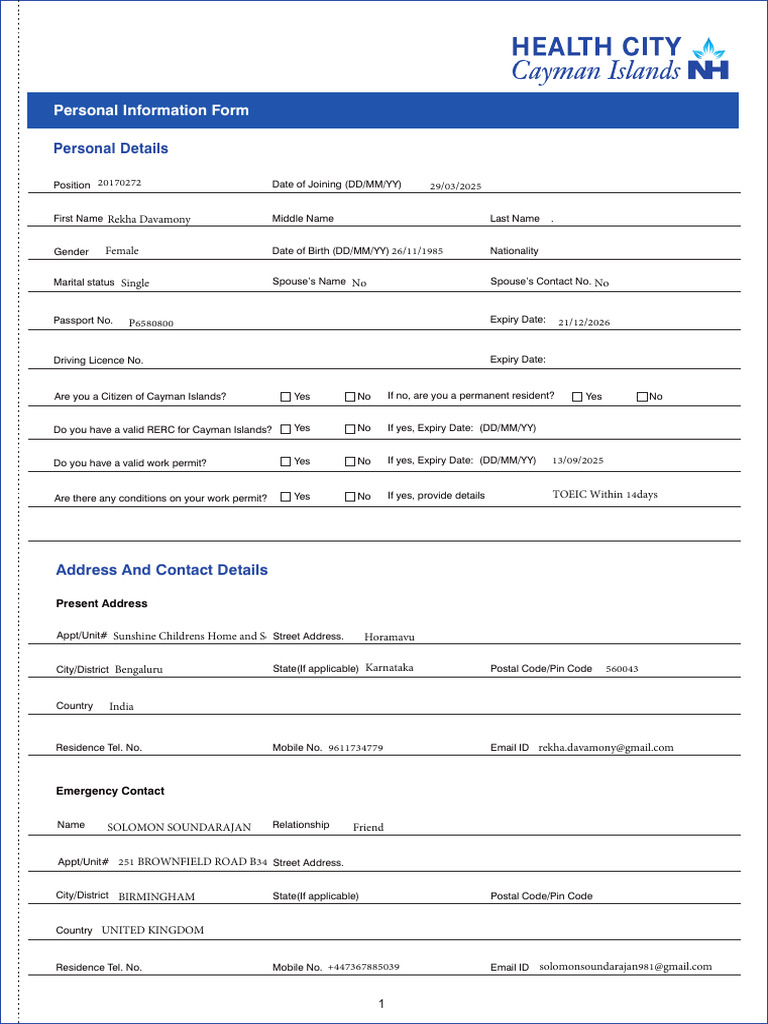 Personal Information Form Template | PDF