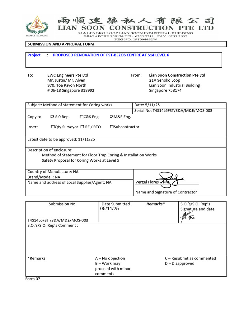 TC4S14L6TS - Method of Statement For Floor Trap Coring Works and Installation-A | PDF | Personal ...