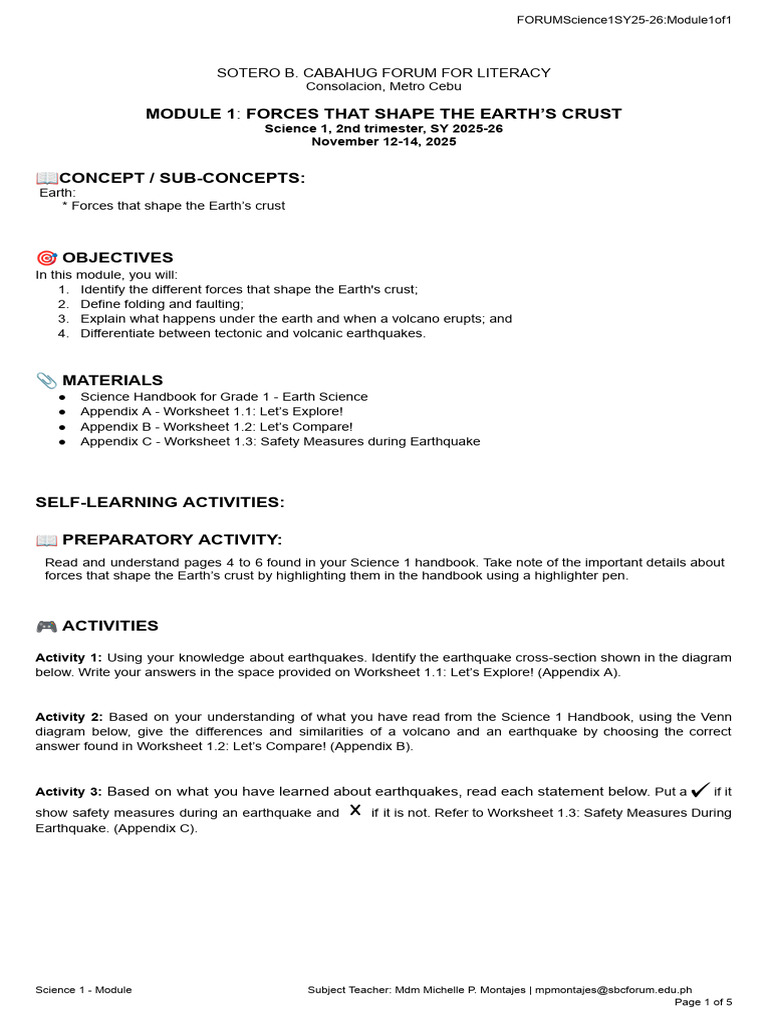 Earth’s Crust Forces: Grade 1 Module | PDF | Volcano | Earthquakes