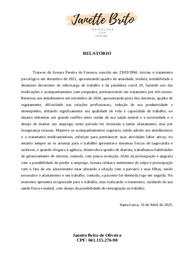 Tratamento Psicológico de Jussara Fonseca | PDF