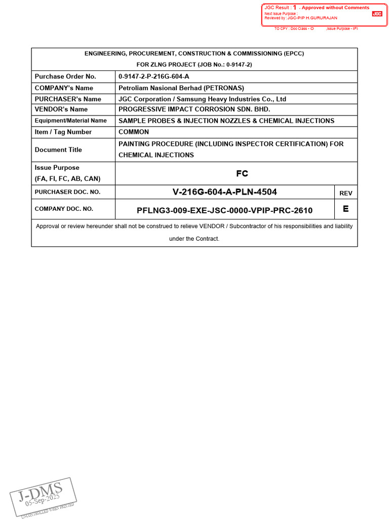 PFLNG3-009-EXE-JSC-0000-VPIP-PRC-2610_E | PDF | Materials | Industrial Processes