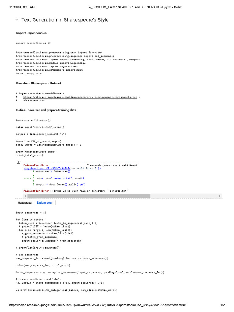 4_soshum_la m7 Shakespeare Generation.ipynb - Colab | PDF | Text File | Computing
