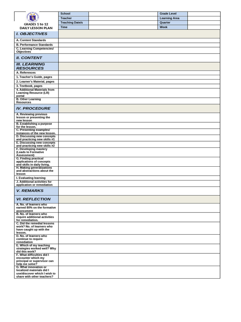 Daily Lesson Plan Template for Grades 1-12 | PDF