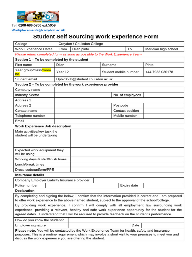 Student Work Experience Form Template | PDF | Business