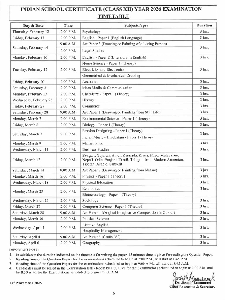 Isc 2026 Time Table | PDF