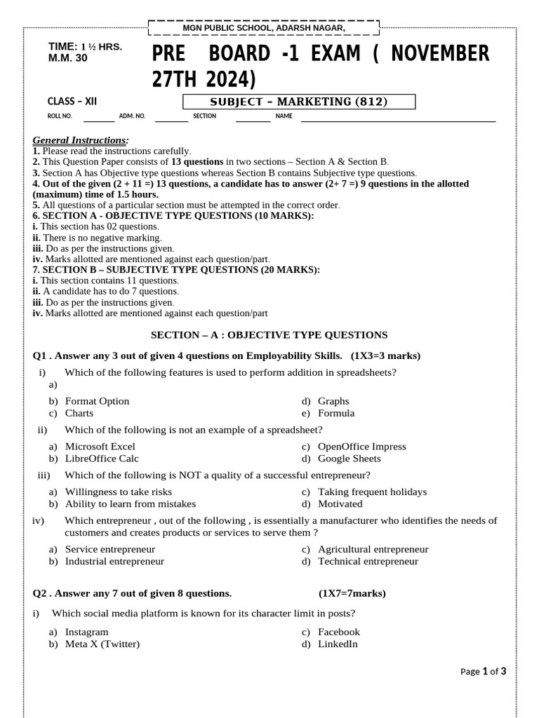 Class XII Marketing Pre-Board Exam Paper | PDF | Marketing | Business ...