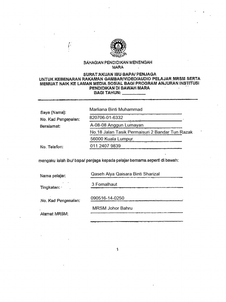 Surat Akuan Penjaga Untuk Kebenaran Rakaman Pelajar MRSM Serta Memuat ...