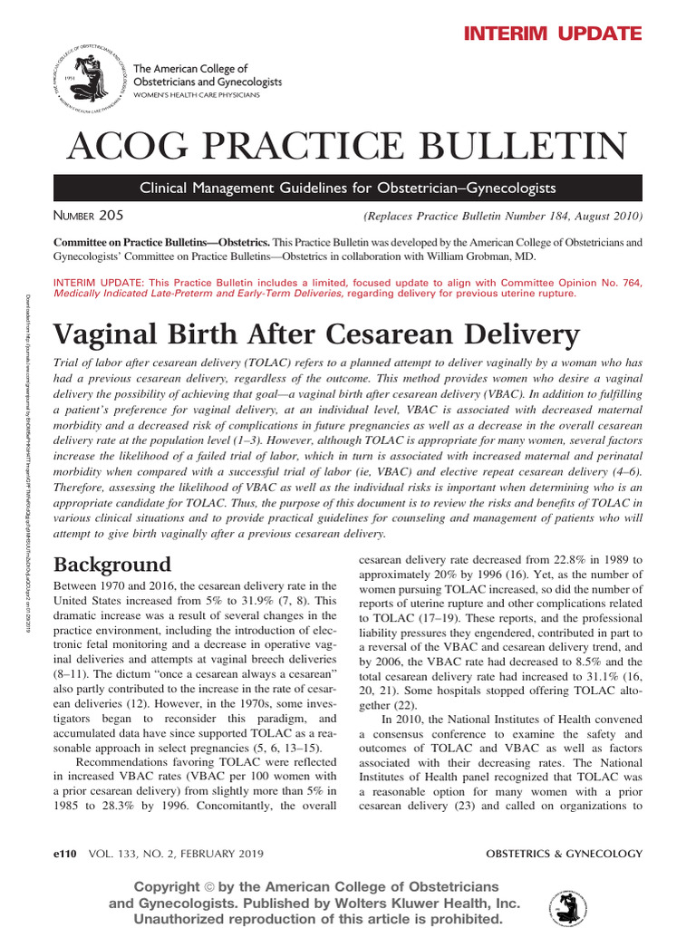 Acog Practice Bulletin No 205 Vaginal Birth After Cesarean Deliv 2019 ...