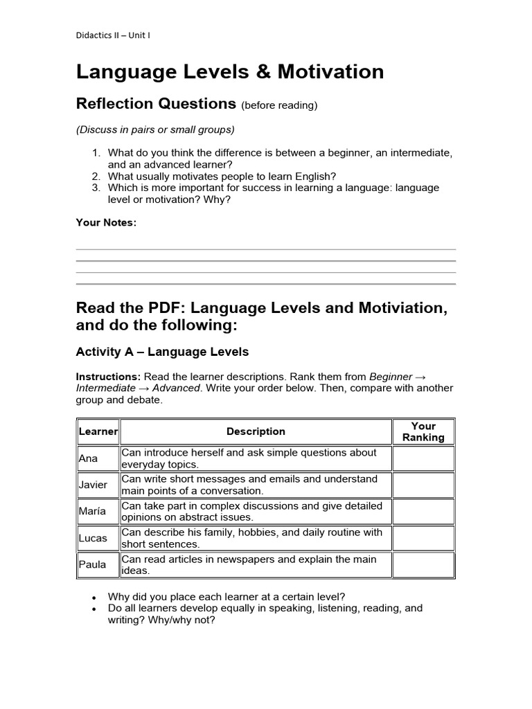 Language Levels and Motivation WORKSHEET | PDF | Learning | Motivation
