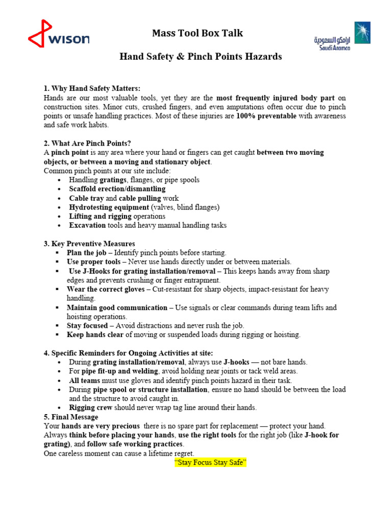 Hand Safety & Pinch Point Hazard | PDF