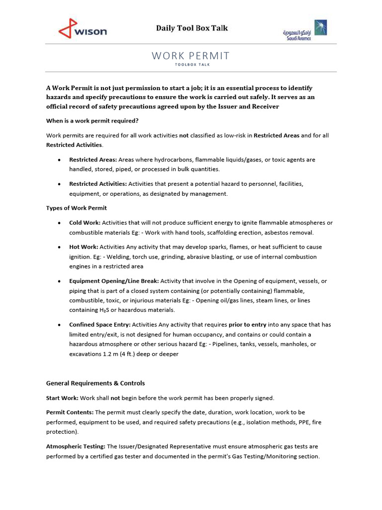 Essential Work Permit Guidelines | PDF | Safety | Occupational Safety ...