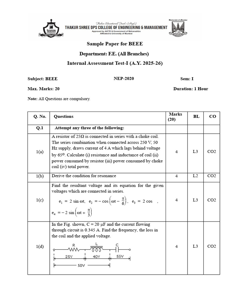 BEEE Sample Paper For IAT - I | PDF | Inductor | Electric Power