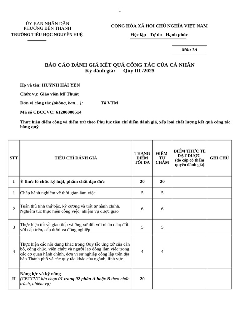 HAIYEN - 7 Mau 1a Bao Cao Tu Danh Gia Cbccvc | PDF