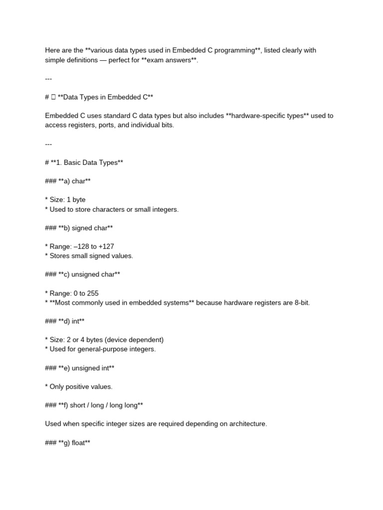 Here Are the --Various Data Types Used in Embedded C Programming--, Listed Clearly With Simple ...