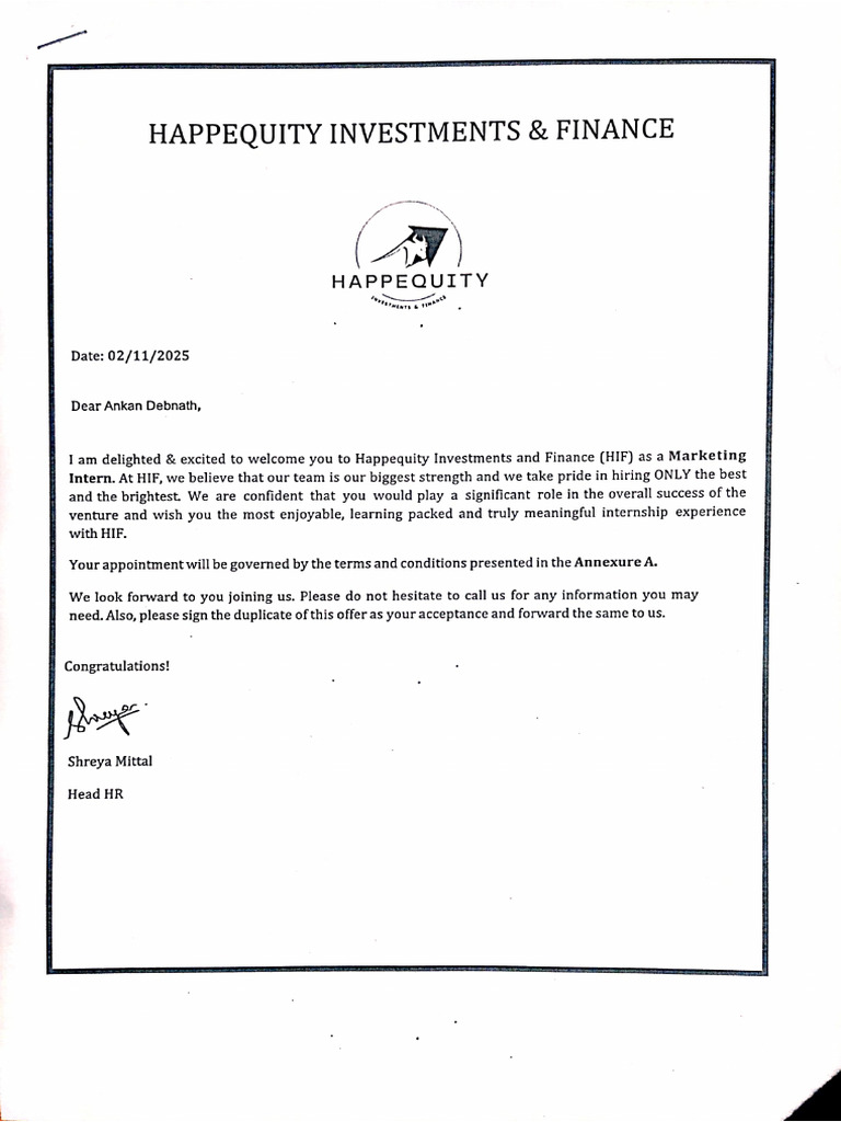 Ankan Debnath Acceptance Letter - Happequity | PDF