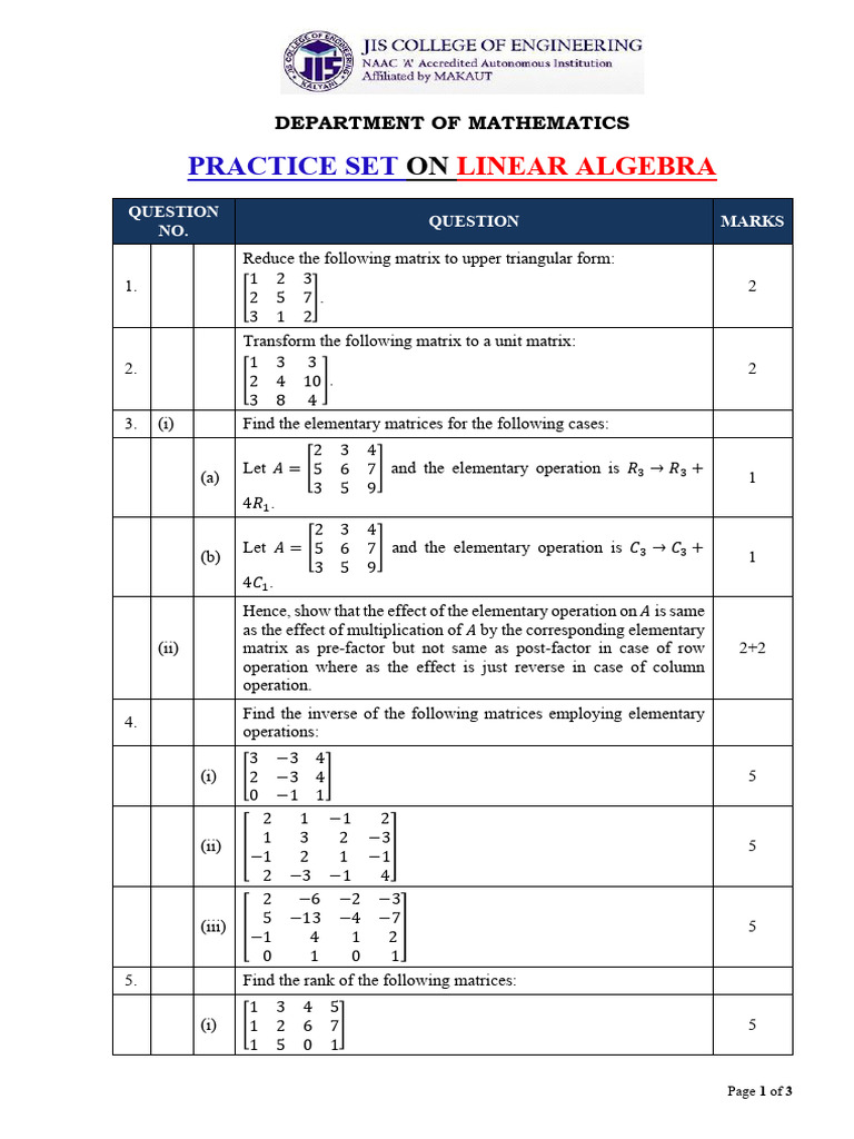 Practice Set (m101 Module-I Linear Algebra) | PDF | Eigenvalues And Eigenvectors | Matrix ...