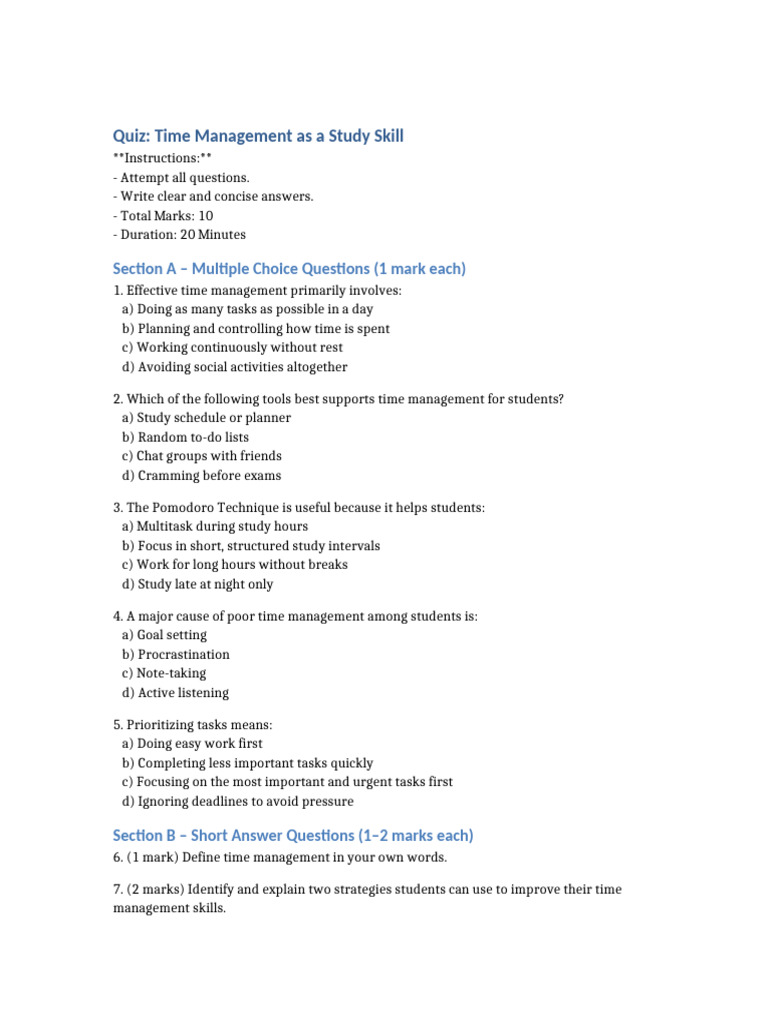Time Management Quiz for Students | PDF