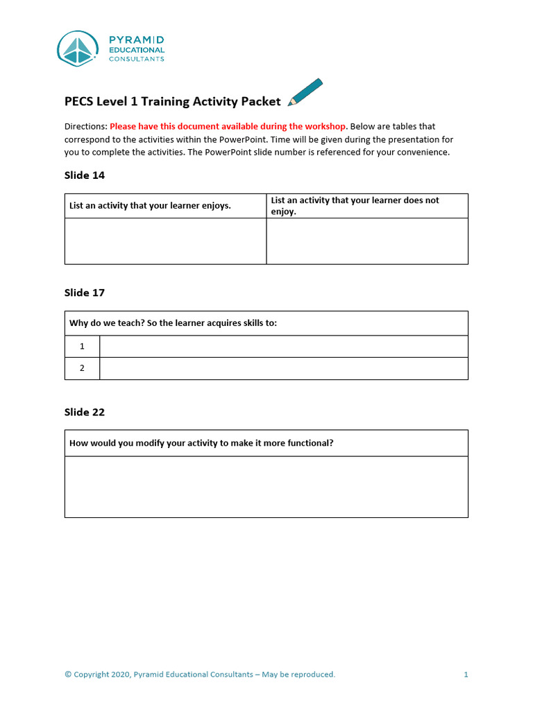 PECS Level 1 Fillable Activity Form | PDF | Cognitive Science | Cognition