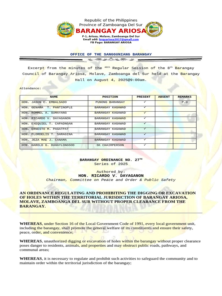 Anti-Digging Ordinance for Barangay Ariosa | PDF | Local Ordinance ...
