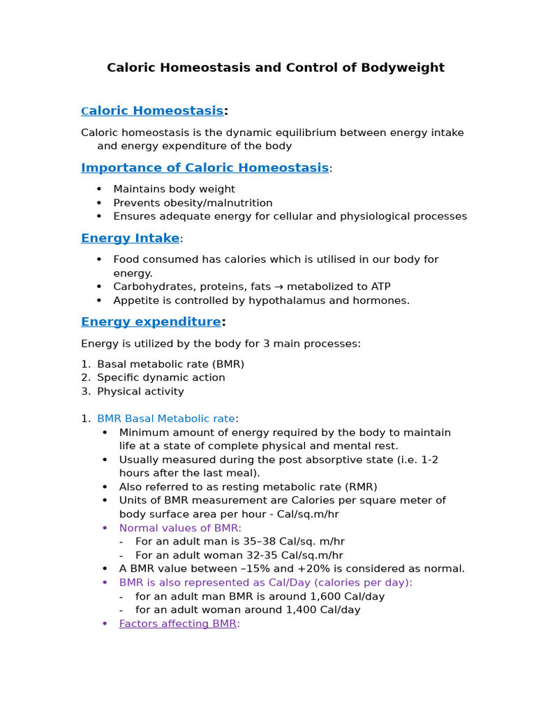 Caloric Homeostasis and Control of Bodyweight | PDF | Food Energy | Eating
