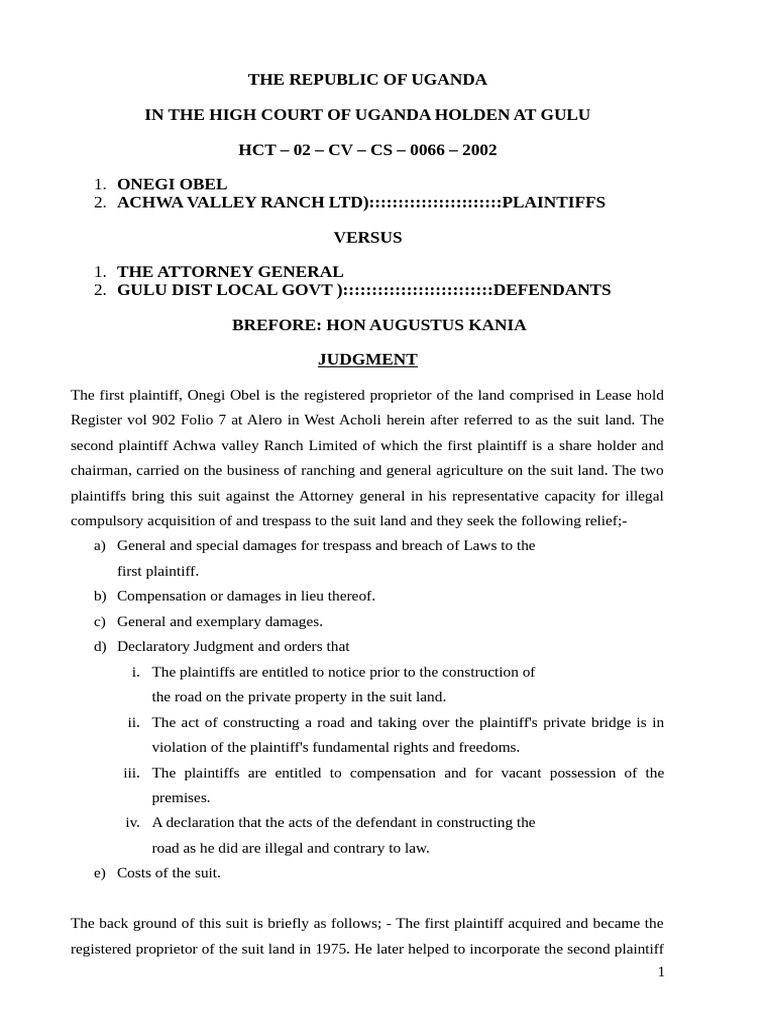 Onegi Obel Achwa Valley and Ranch Ltd vs the Attorney General and Gulu ...
