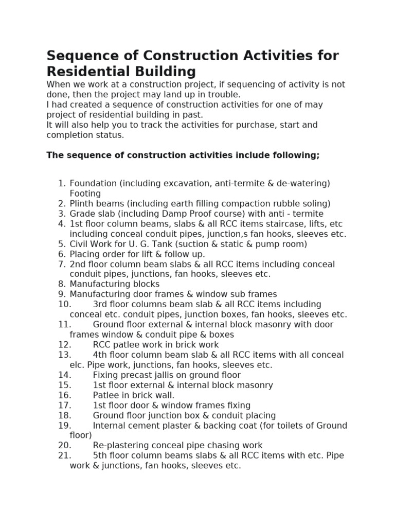 Residential Building Construction Sequence | PDF | Precast Concrete ...