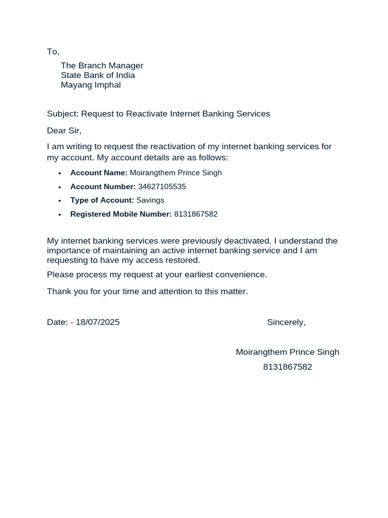 Request to Reactivate Internet Banking | PDF