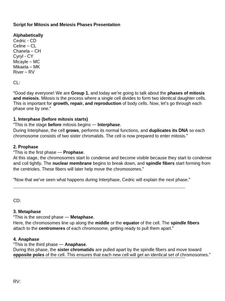 Script For Mitosis and Meiosis Phases Presentation-Edited | PDF ...