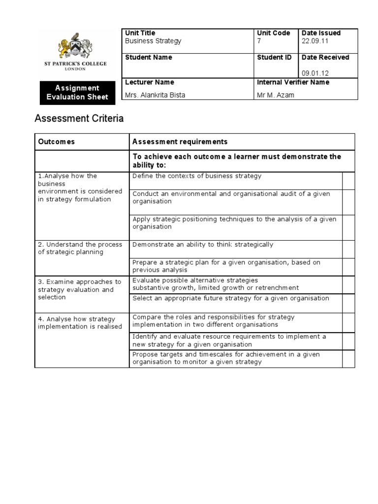 BS Assignment Evaluation Sheet | PDF | Strategic Management | Strategic Planning