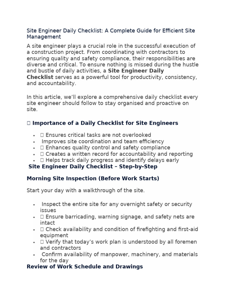 Site Engineer Daily Checklist Guide | PDF