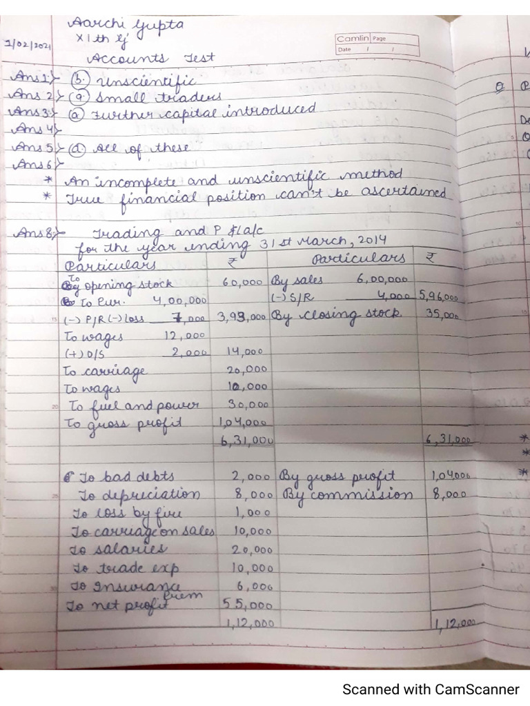 Aarchi Gupta Accounts Test | PDF