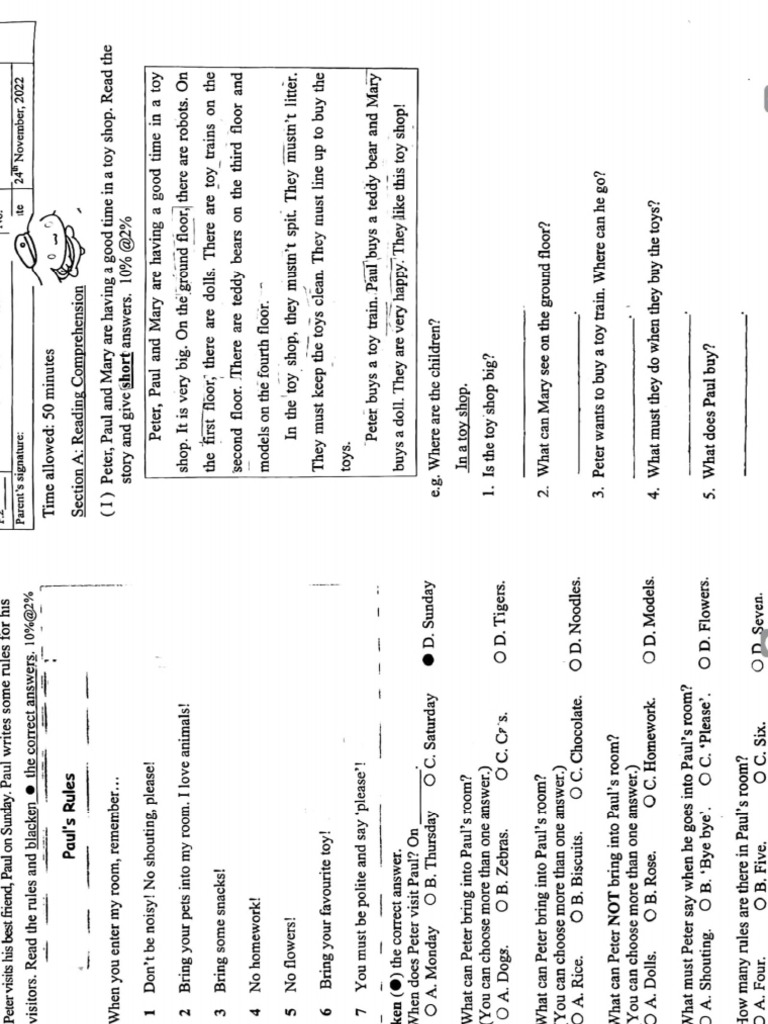 Primary Two Test One | PDF