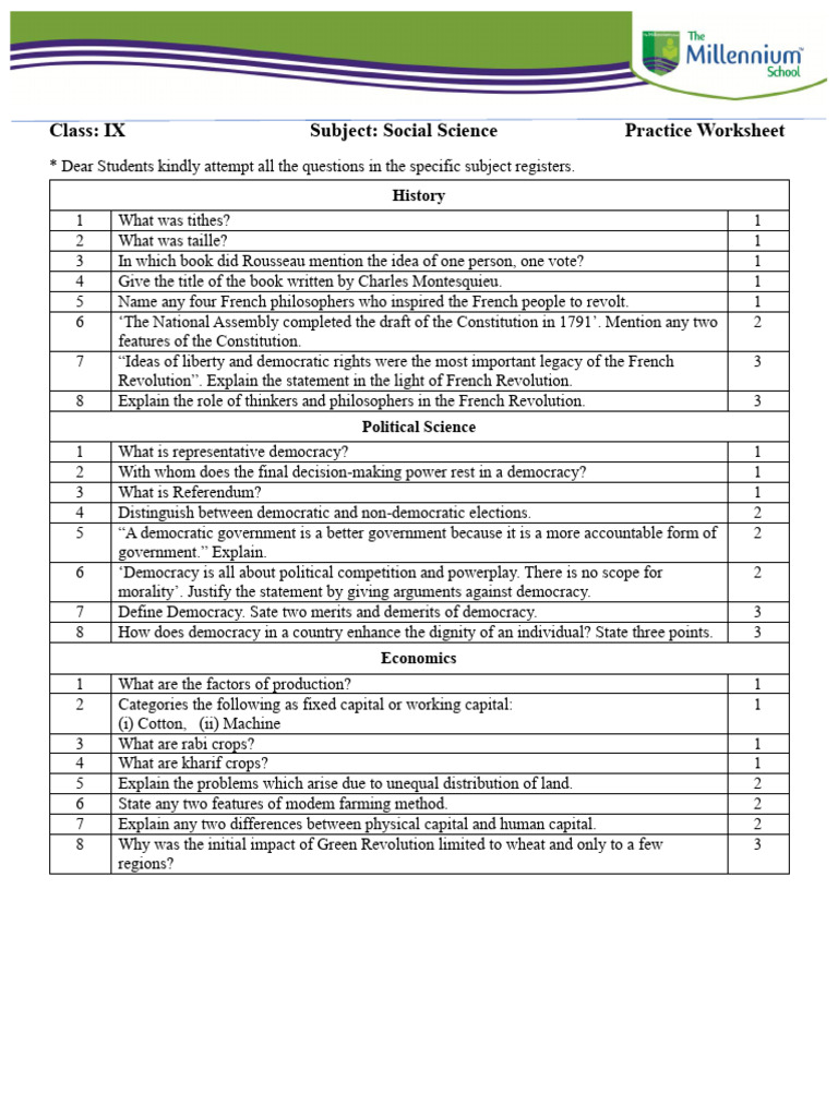 IX Social Science Practice Worksheet | PDF | Democracy | Political ...