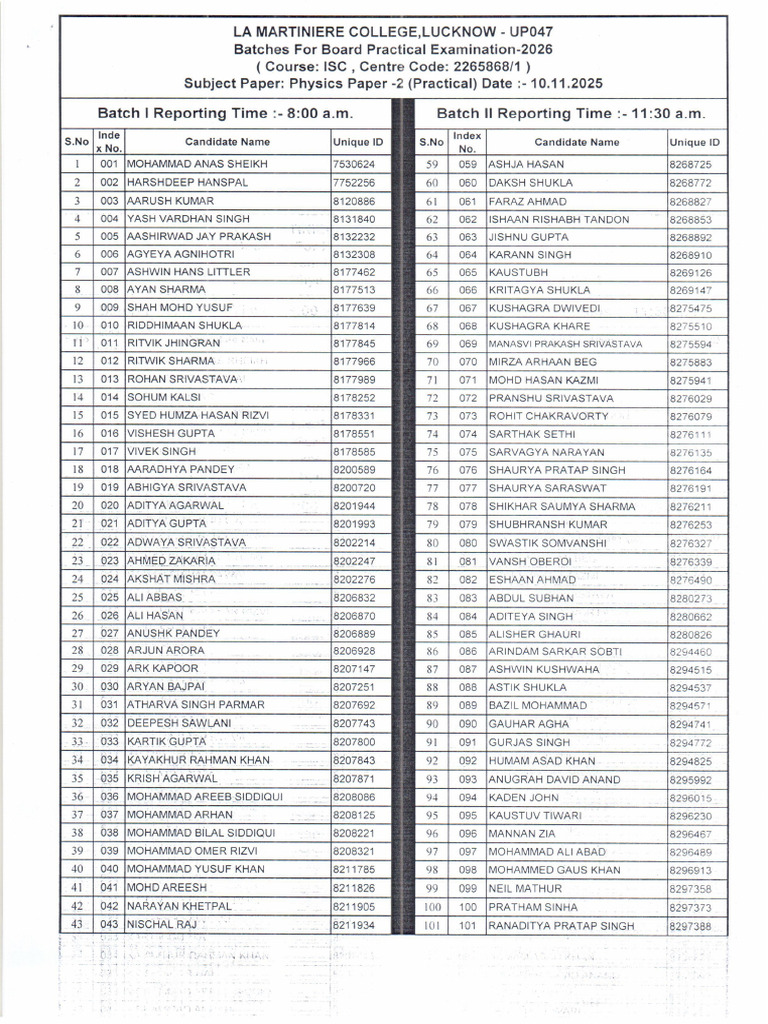 Batches For ISC Physics Practical Examination - 2026 | PDF