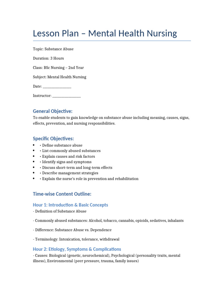 Substance Abuse Nursing Lesson Plan | PDF