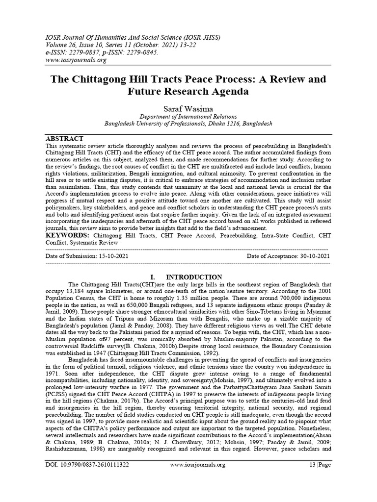 The Chittagong Hill Tracts Peace Process: A Review and Future Research ...