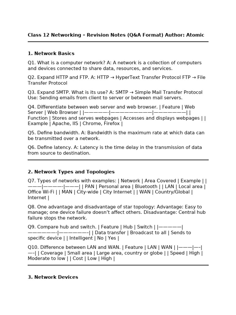 Class 12 Networking Revision Notes | PDF | Computer Network | Ethernet
