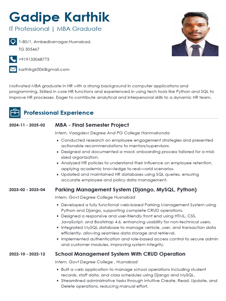 Gadipe Karthik Resume | PDF | Databases | My Sql