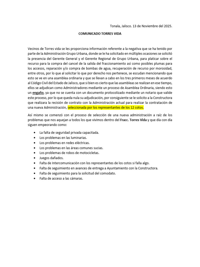 Comunicado Torres Vida | PDF