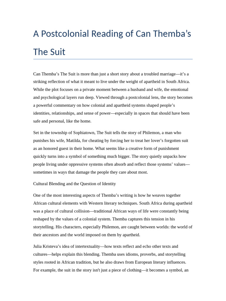Postcolonial Themes in Themba's The Suit | PDF | Cost Of Living ...