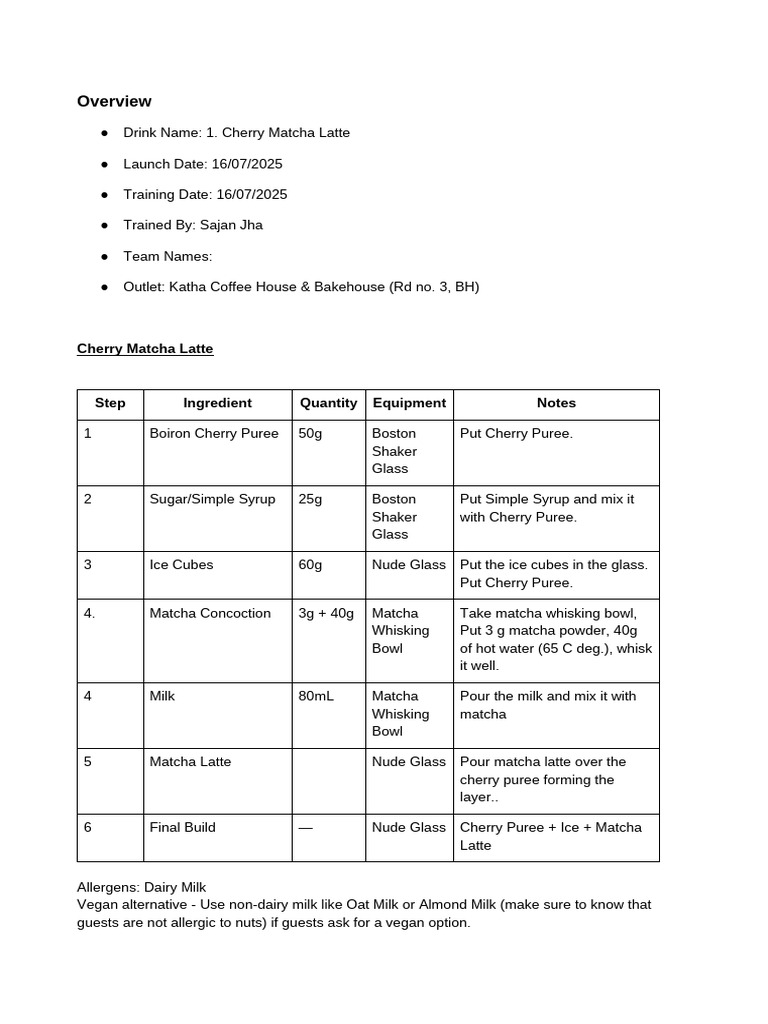 Training Sheet - Cherry Matcha Latte - 16!07!2025 | PDF