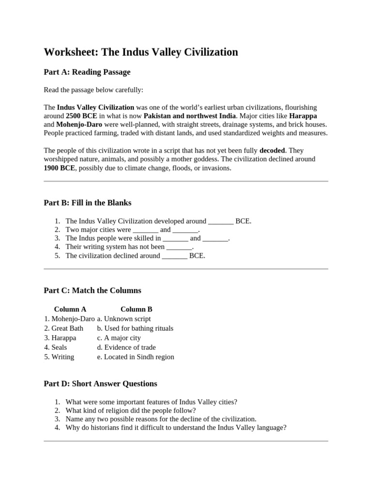 Indus Valley Civilization Overview Worksheet | PDF